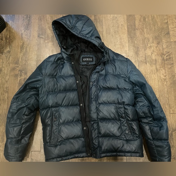 Guess | Jackets & Coats | Dark Blue Large Guess Puffer Jacket Mens ...